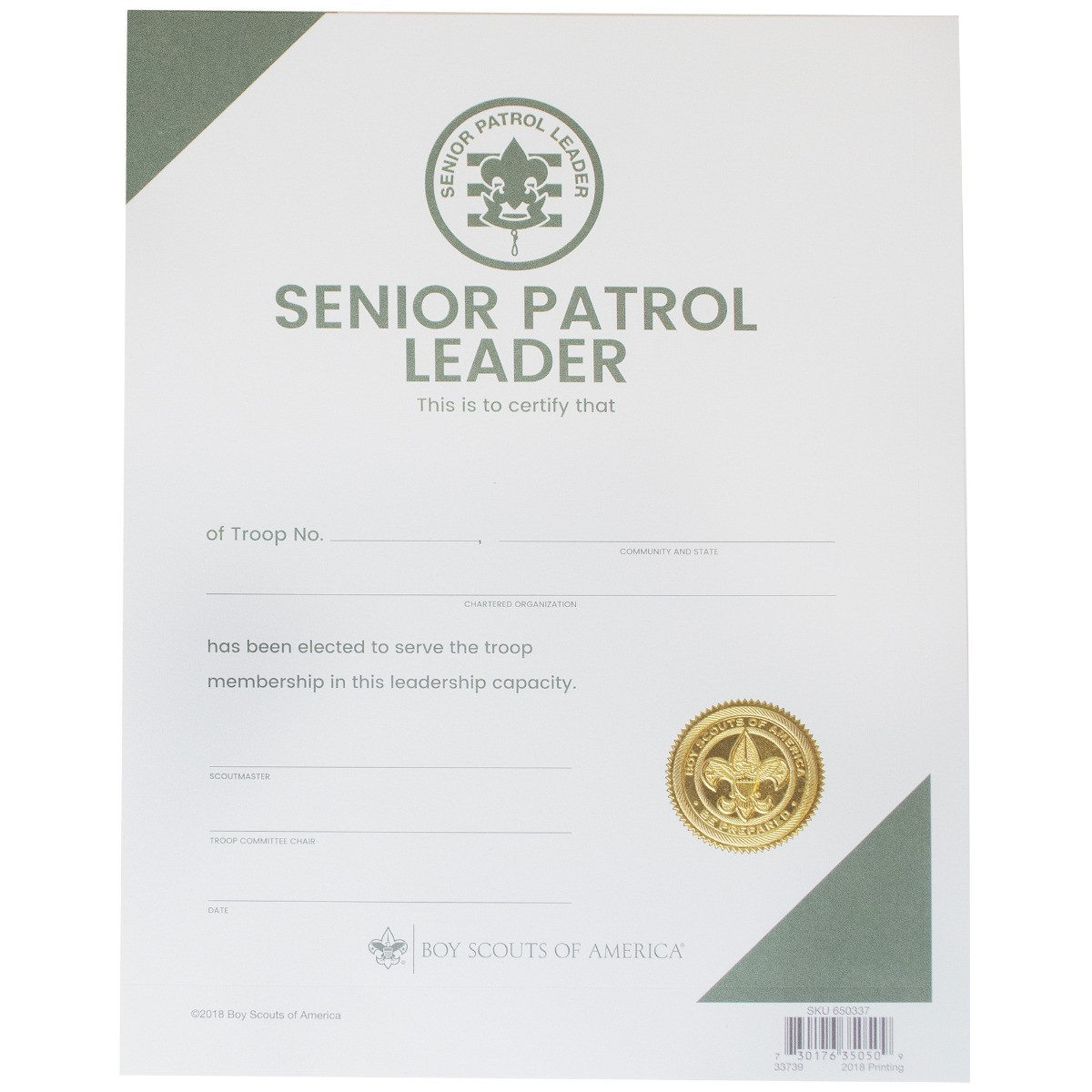 Senior Patrol Leader Certificate, 2019 - Official Scouting America ...