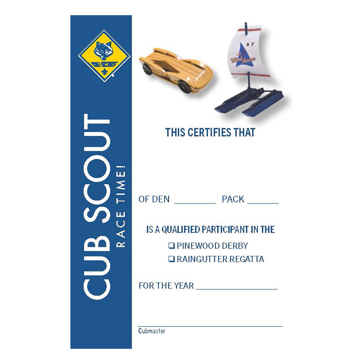 Cub Scout Race Time Pocket Certificate - Official Scouting America ...